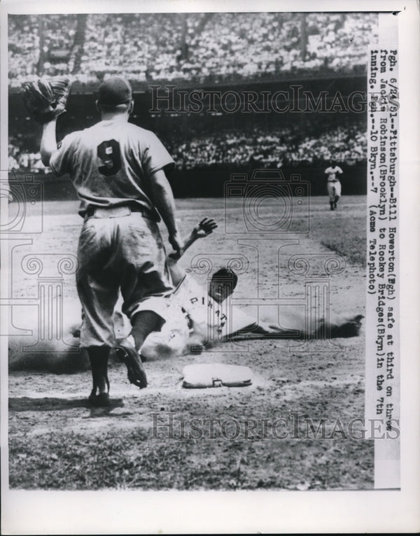 1951 Press Photo Bill Howerton safe at 3rd vs Rocky Bridges of Dodgers ...