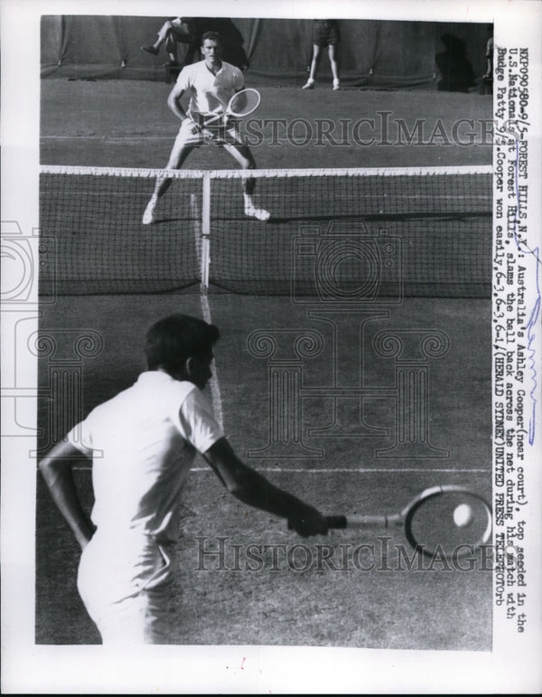 1957 Press Photo Ashley Cooper plays against Budge Patty at US Nationa ...