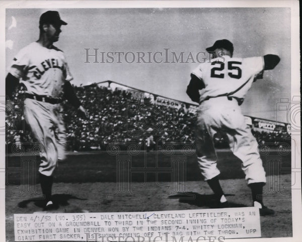1952 Press Photo Indian Dale Mitchell out vs Whitey Lockman Giants - n ...