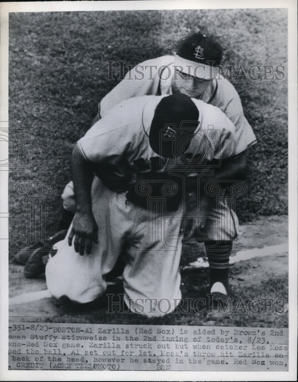 1950 Press Photo Al Zarilla of Red Sox & Browns Stuffy Stirnweiss in g ...