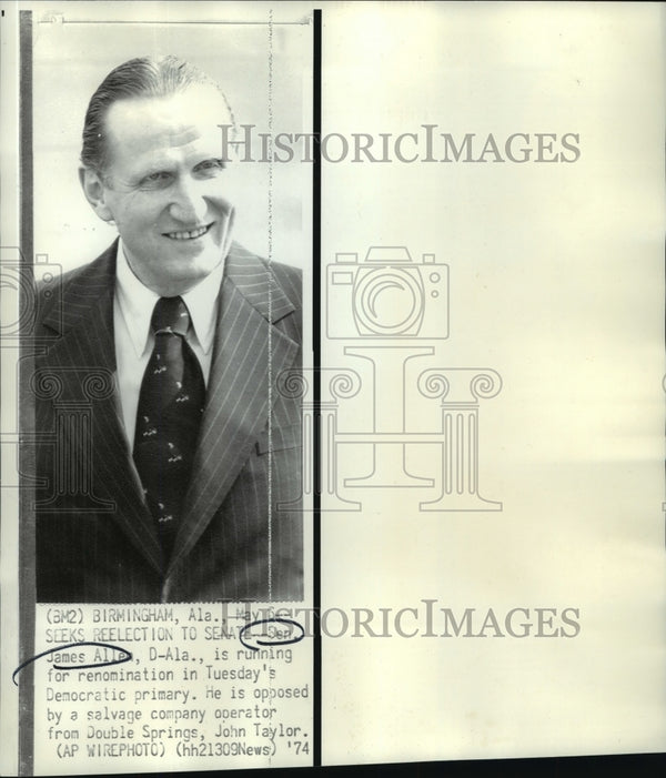 1974 Press Photo Sen. James Allen is running for re-nomination in prim ...