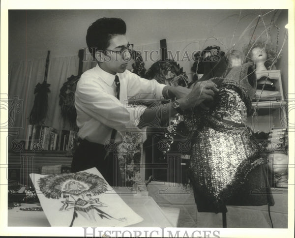 1992 Roy Haylock works on a costume he designed for Mary West ...