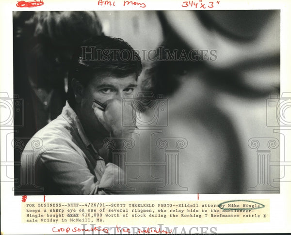 1991 Press Photo Slidell attorney Mike Hingle at Rocking T. Beefmaster ...