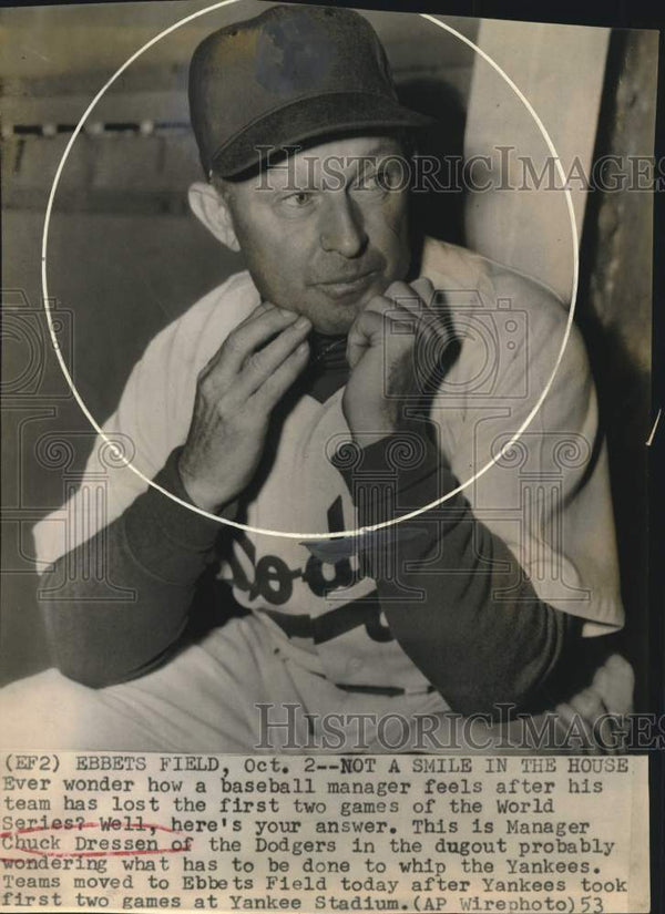 1953 Press Photo Dodgers manager Chuck Dressen in Ebbets Field dugout ...