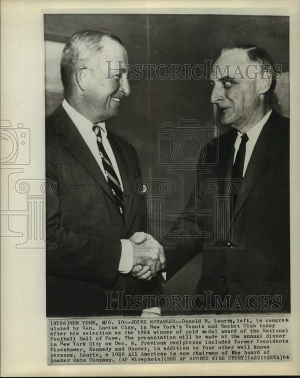 1964 Press Photo Donold B Lourie shakes hands with General Lucius Clay ...