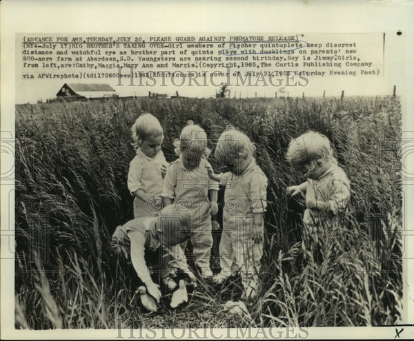 1965 Jimmy Fischer plays with duck as quint sisters watch - Historic Images