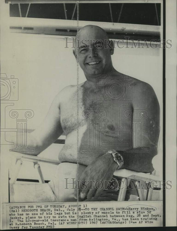 1967 Press Photo Harry Hinken, 42-years ago to try to swim English Cha ...