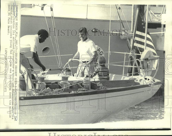 1973 Senator Ted Kennedy readies sailboat for family outing - Historic ...