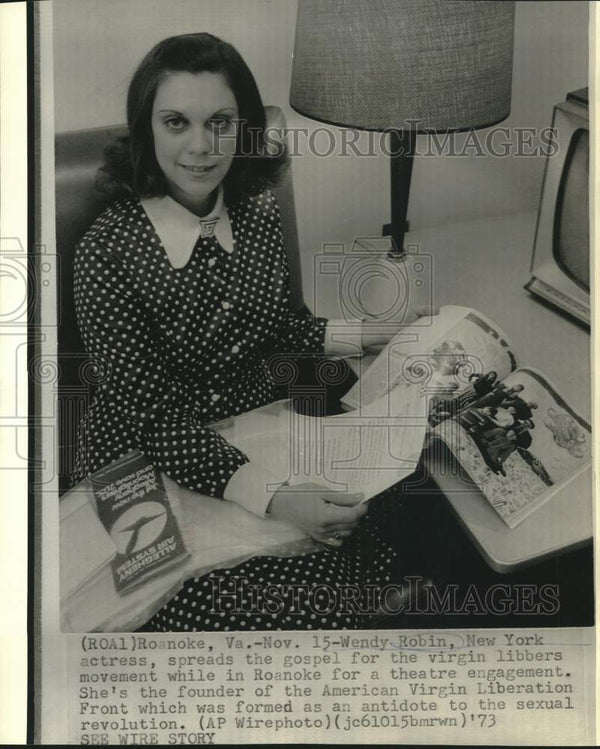 1973 Press Photo American Virgin Liberation founder Wendy Robin in Roa ...