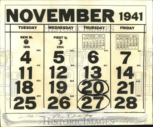 1940 Press Photo November page from 1941 calendar with the 20th & 27th ...