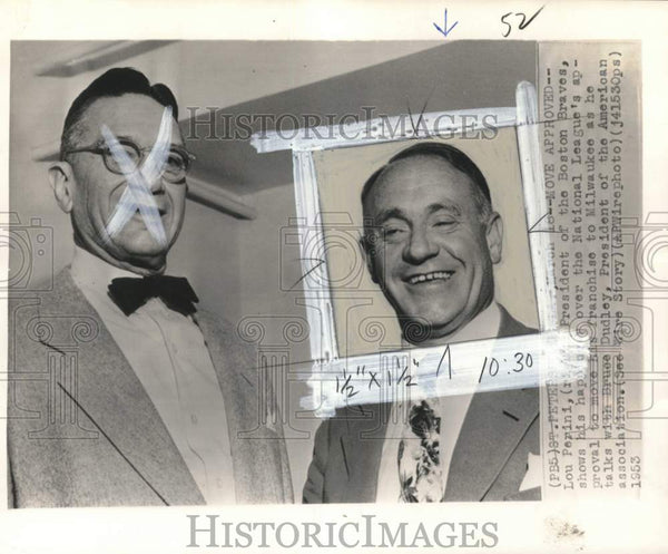 1953 Press Photo Lou Perini & Bruce Dudley After Boston Braves Move Ap ...