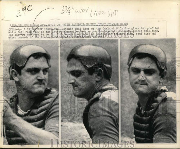 1968 Press Photo Athletics' Phil Roof wearing baseball safety skullcap ...