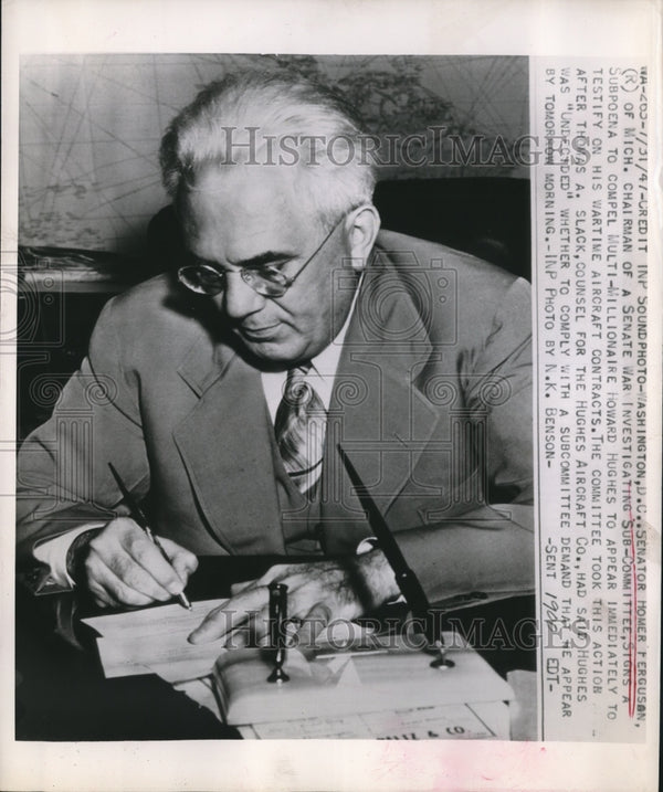 1947 Senate War investigation Sen Homer Ferguson of Mich testifies ...
