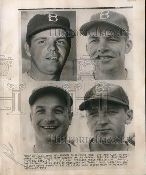 1951 Press Photo Eddie Niksis, Joe Hatten traded for Gene Hermanski ...