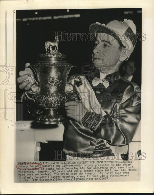 1957 Press Photo Jockey Johnny Longden in Santa Anita Ceremony in Arca ...