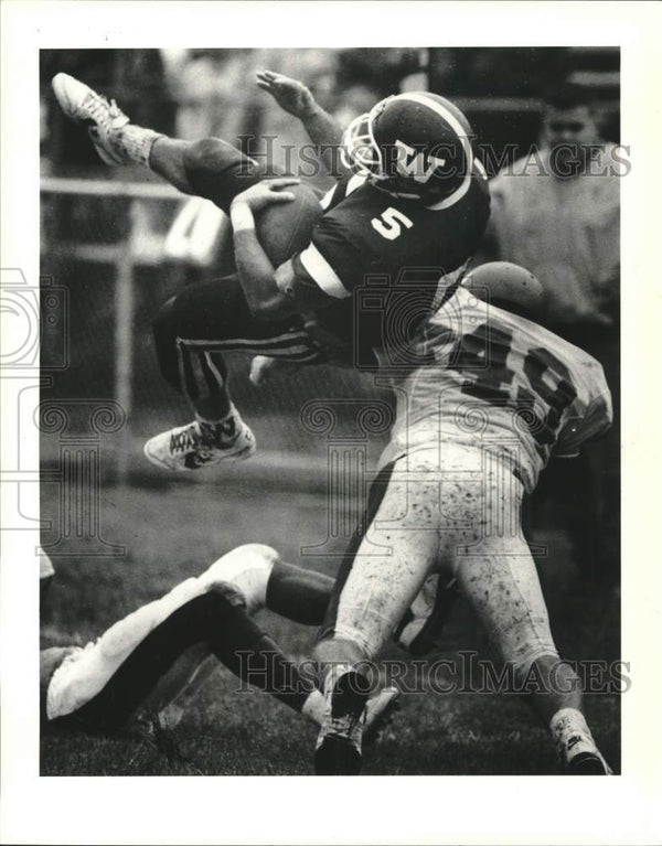 Press Photo Montclair St. Football's #49 Howie Hubler tackles Jack Sch ...