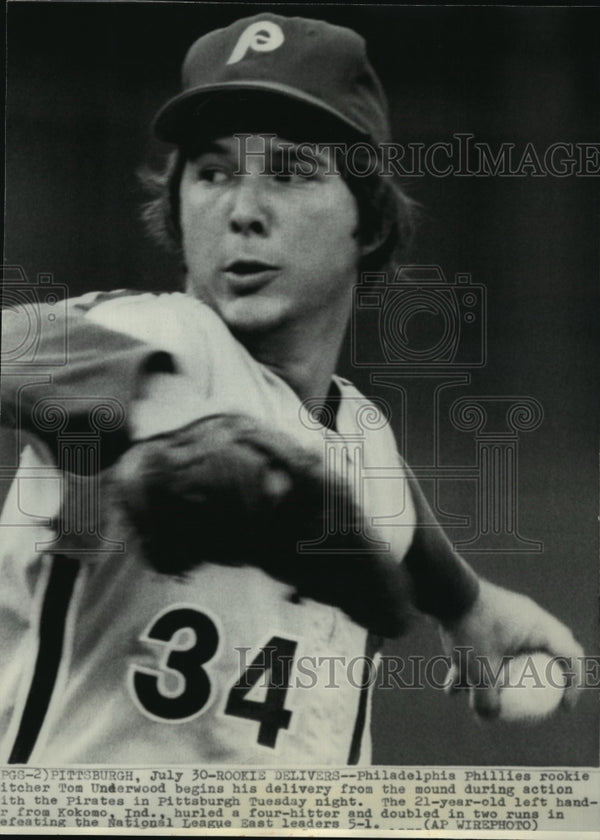 1975 Press Photo #34 Tom Underwood, Phillies baseball pitcher, deliver ...