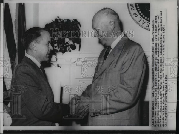 1958 Wire Photo President Eisenhower congratulating Bryce N. Harlow ...