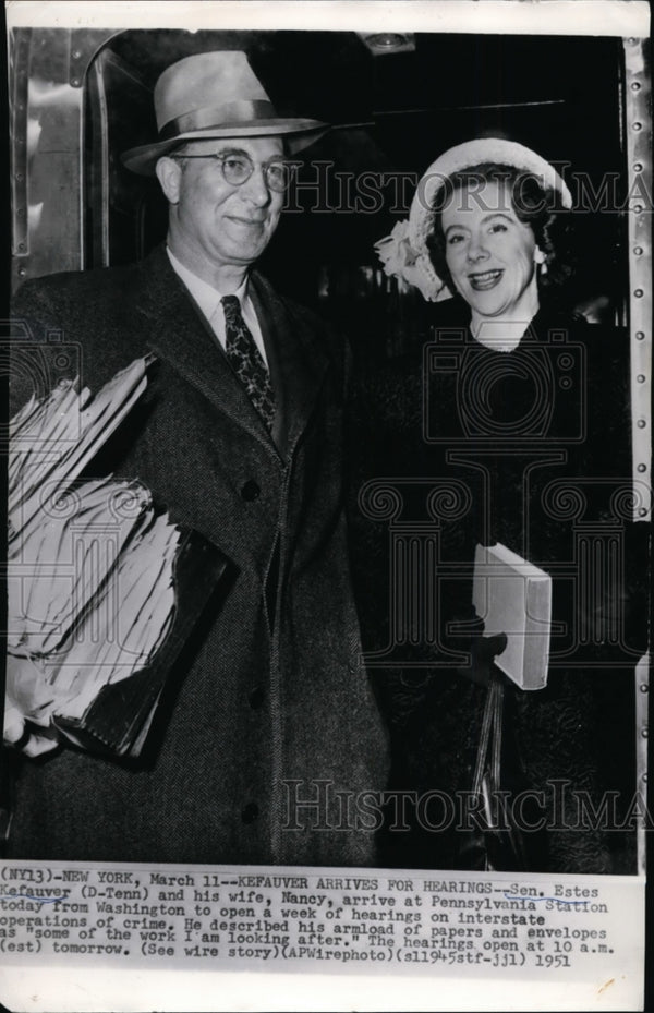 1951 Sen. Estes Kefauver and his wife, Nancy arrive at Penn. Station ...