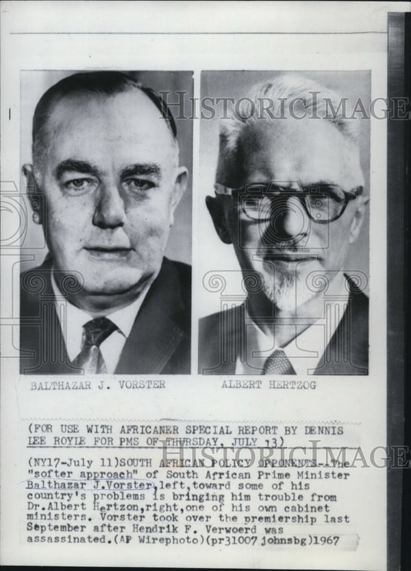 1967 Press Photo Prime Minister Balthazar Vorster and Dr. Albert Hertz ...